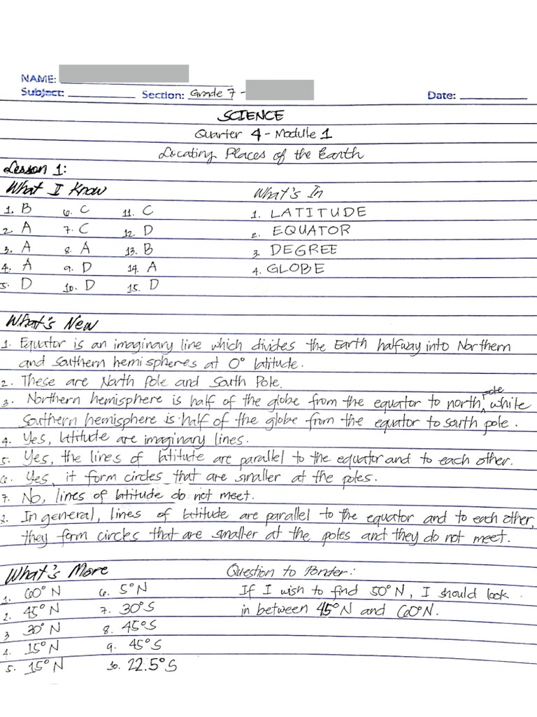 Grade 7 SCIENCE Q4-M1 Answers | PDF