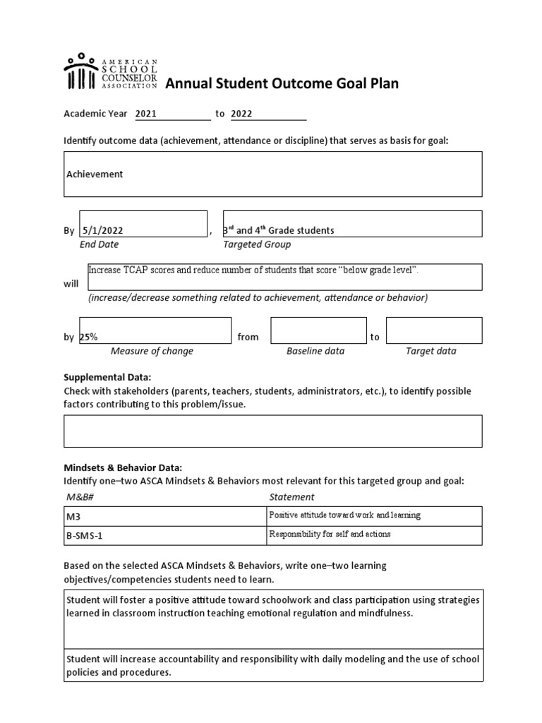 21-22 Annual Student Outcome Goal Plan | PDF | School Counselor | Teachers