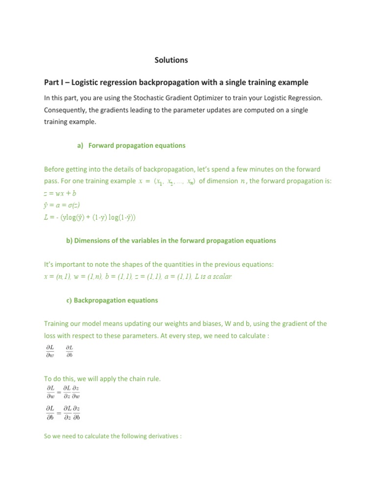 Solutions Part I - Logistic Regression Backpropagation With A Single ...