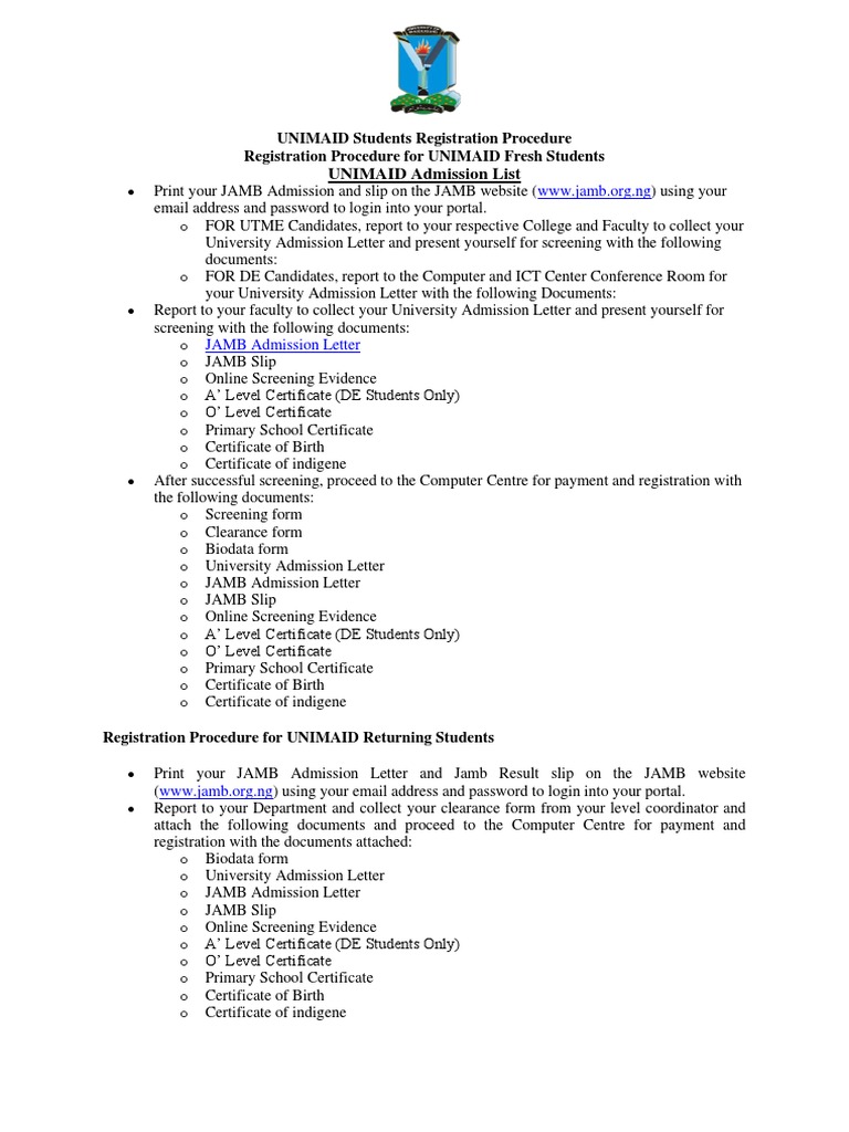 UNIMAID Admission List: UNIMAID Students Registration Procedure ...
