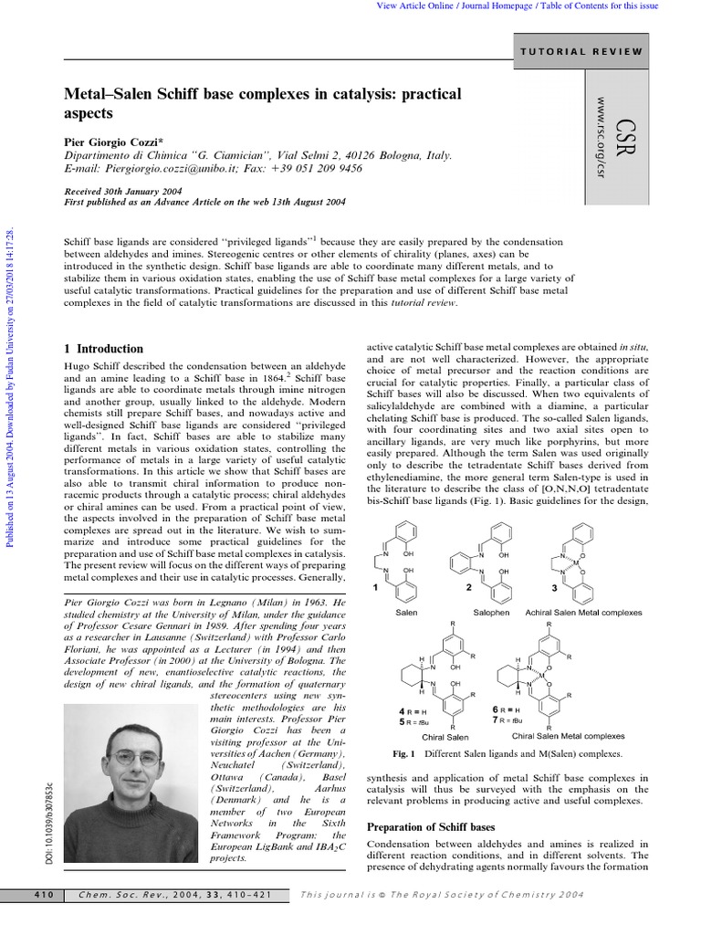 Metal-Salen Schiff Base Complexes in Catalysis: Practical Aspects | PDF | Coordination Complex ...