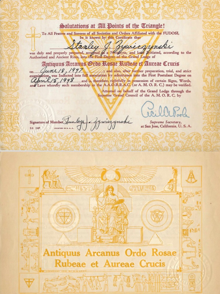 Certificate of Initiation Into First Postulant Degree of AMORC, June 18 ...
