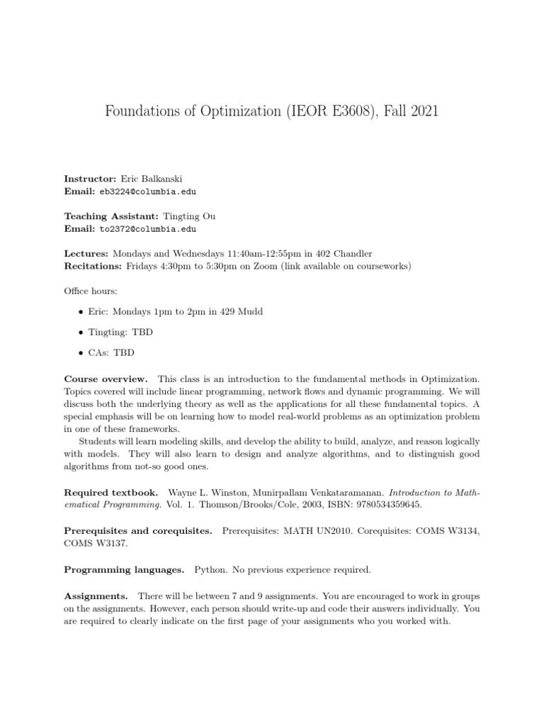 Foundations of Optimization (IEOR E3608), Fall 2021 | PDF | Computer ...