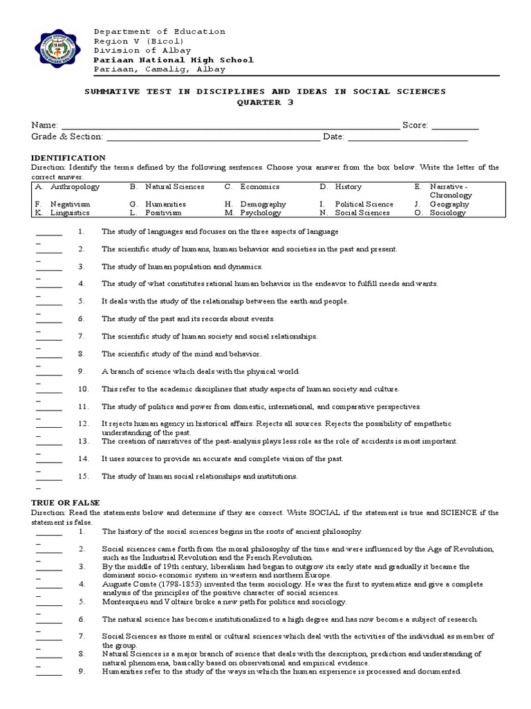 Summative Test in Disciplines and Ideas in Social Sciences | PDF ...
