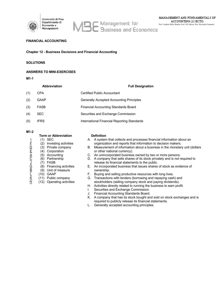 Financial Accounting Chapter 12 - Business Decisions and Financial ...