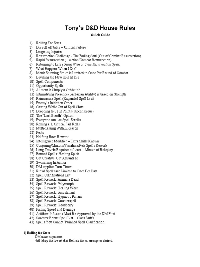 Tony's D&D House Rules Quick Guide: Comprehensive D&D Homebrew Rules | PDF