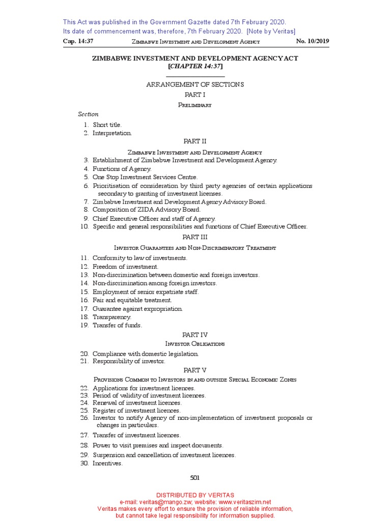 Zimbabwe Investment Agency Act Overview | PDF | Nationalization | License