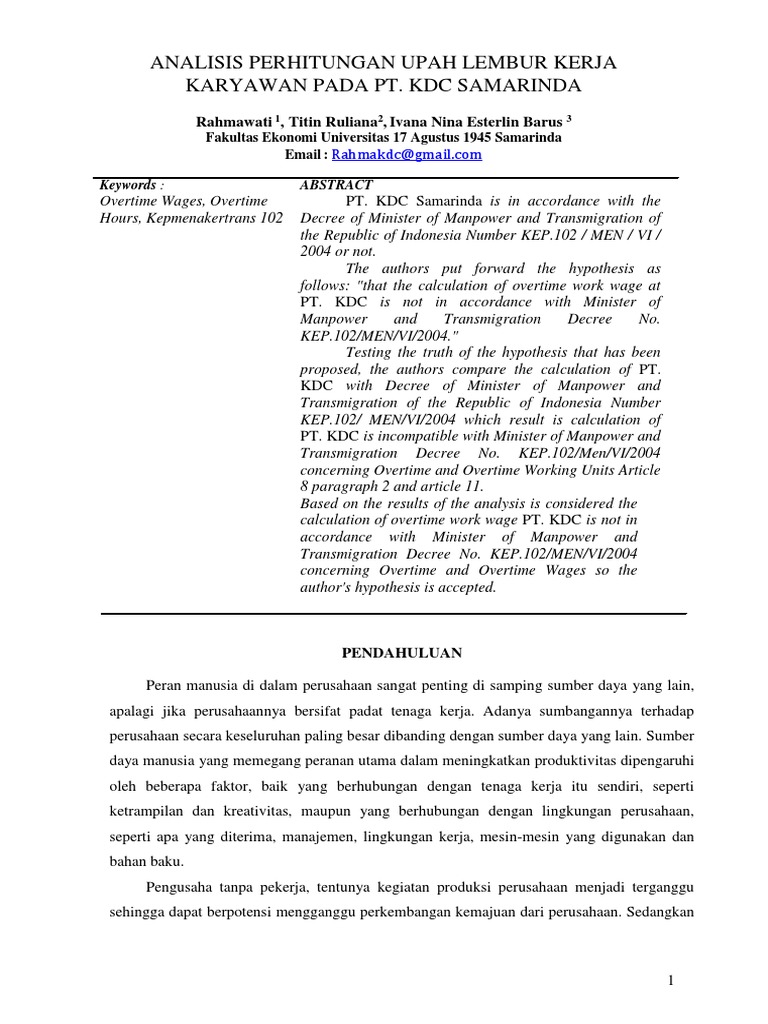 Analisis Perhitungan Upah Lembur Kerja Karyawan Pada Pt. KDC Samarinda | PDF | Pengelolaan ...