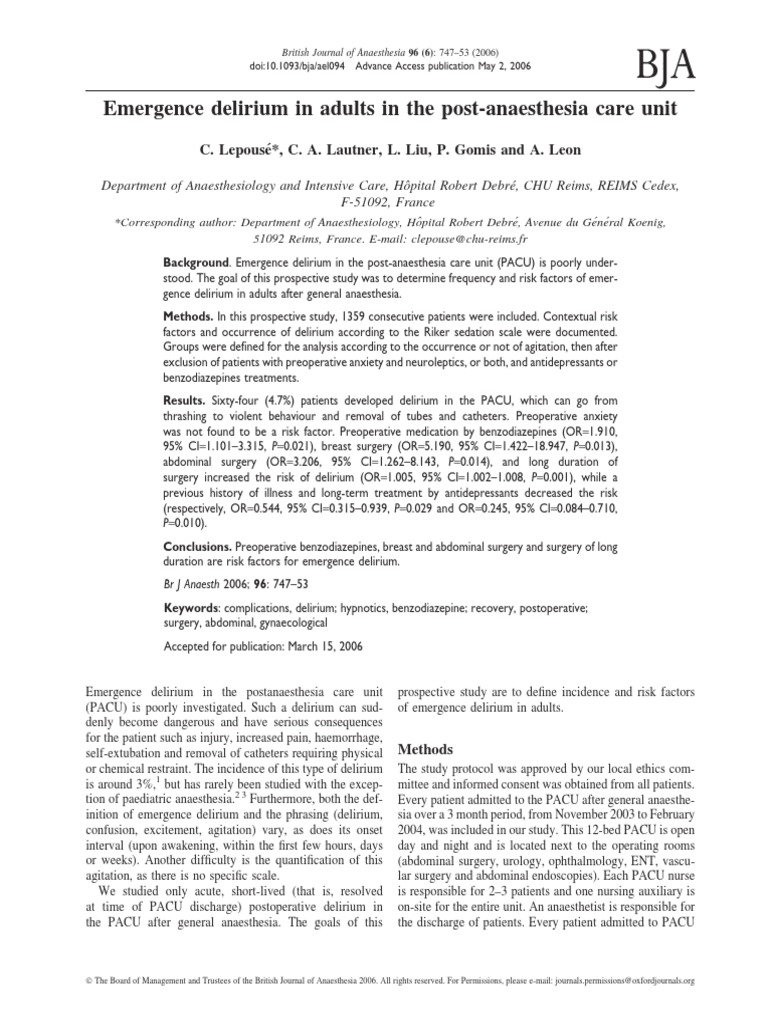 Emergence Delirium in Adults in The Post-Anaesthesia Care Unit | PDF ...