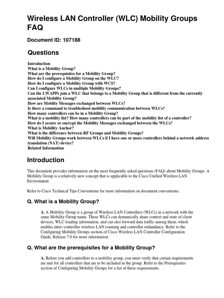 Wireless LAN Controller (WLC) Mobility Groups FAQ: Questions | PDF | Wireless Lan | Ip Address