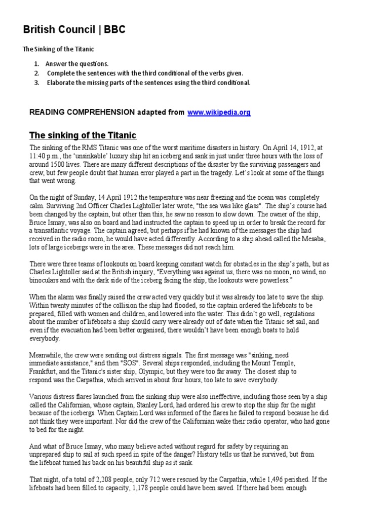 Titanic Disaster and Third Conditional Exercises | PDF | Ships | Water ...