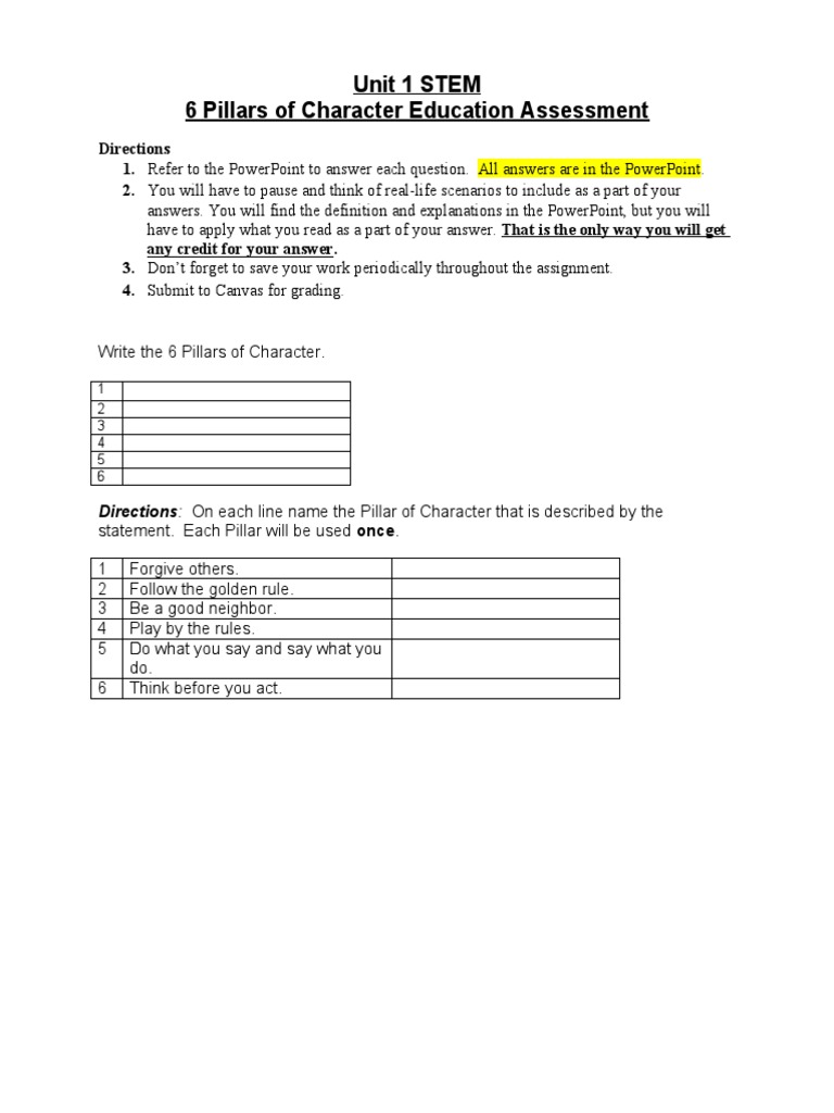 6 Pillars of Character Assessment | PDF