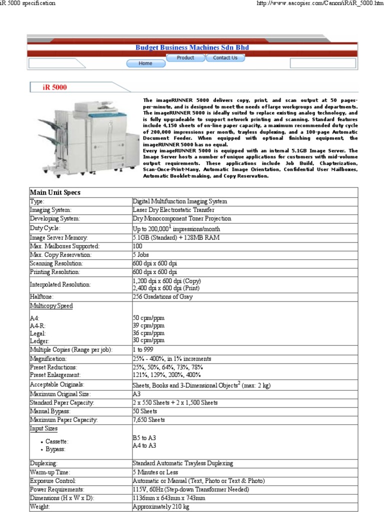 Canon iR 5000 Multifunction Printer Specs | PDF | Printer (Computing ...