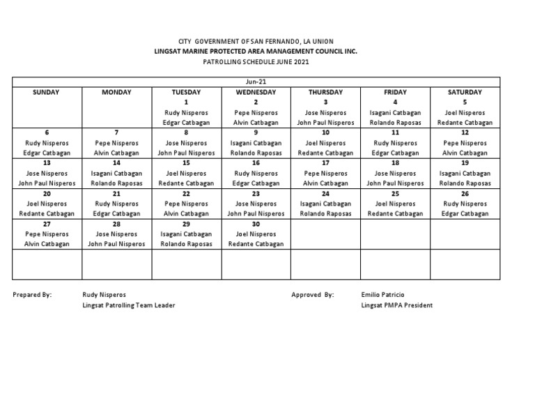 Patrolling Schedule June 2021 - Lingsat MPA | PDF