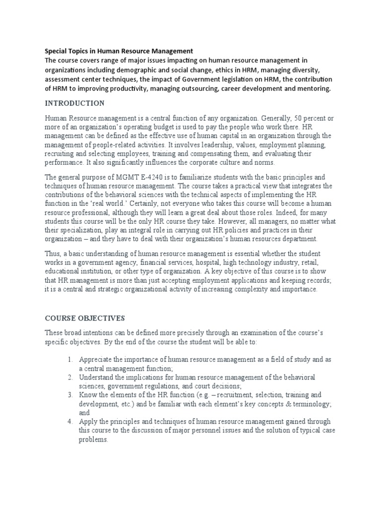 Special Topics in HR Management Course | PDF | Human Resource ...