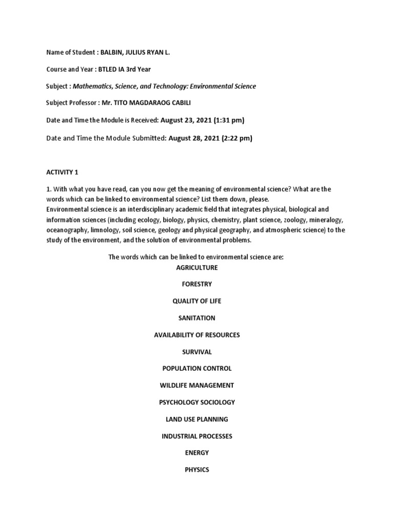 ENVI - SCI Module 1 Balbin | PDF | Environmental Science | Science