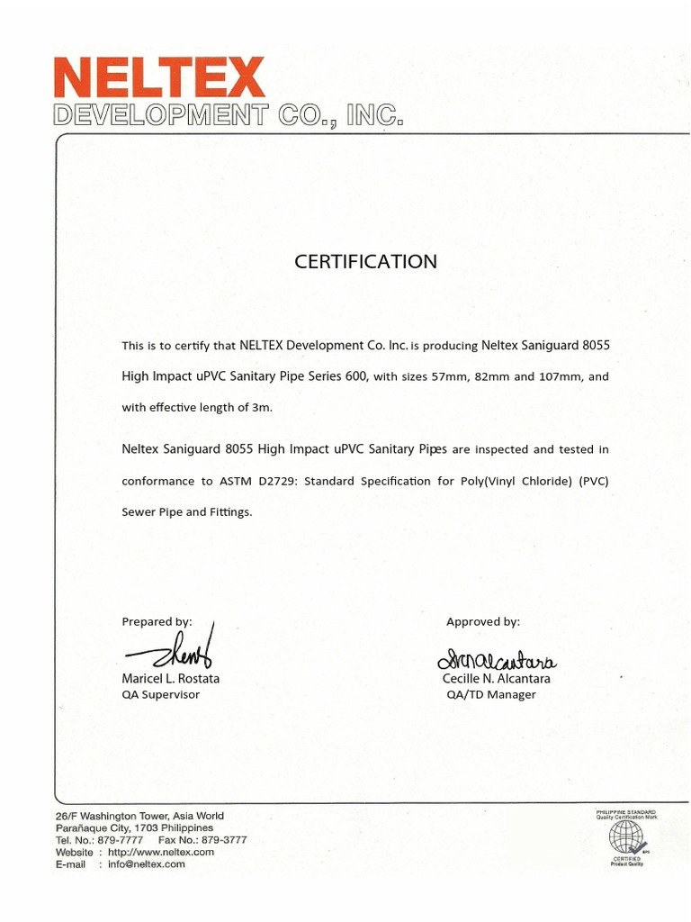 Neltex Saniguard S600 Pipe Certification | PDF | Pipe (Fluid Conveyance ...