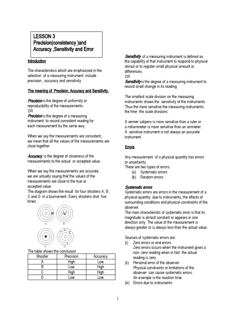 Lesson 3 Precision (Consistency) and Accuracy, Sensitivity and Error ...