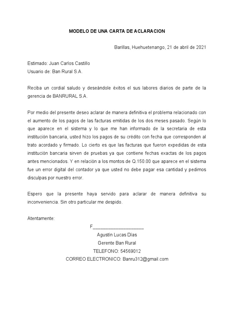 Modelo de Carta de Aclaración bancaria | PDF