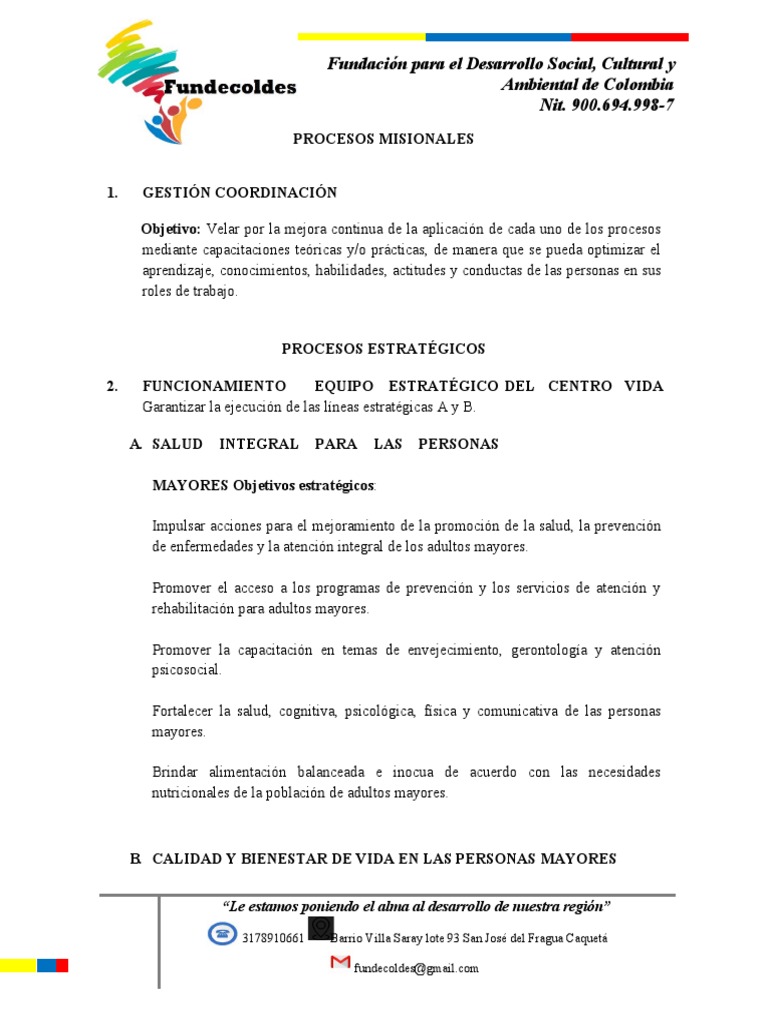 PROCESOS MISIONALES FUNDECOLDES SAN JOSE DEL FRAGUA Ok | PDF | Vejez ...