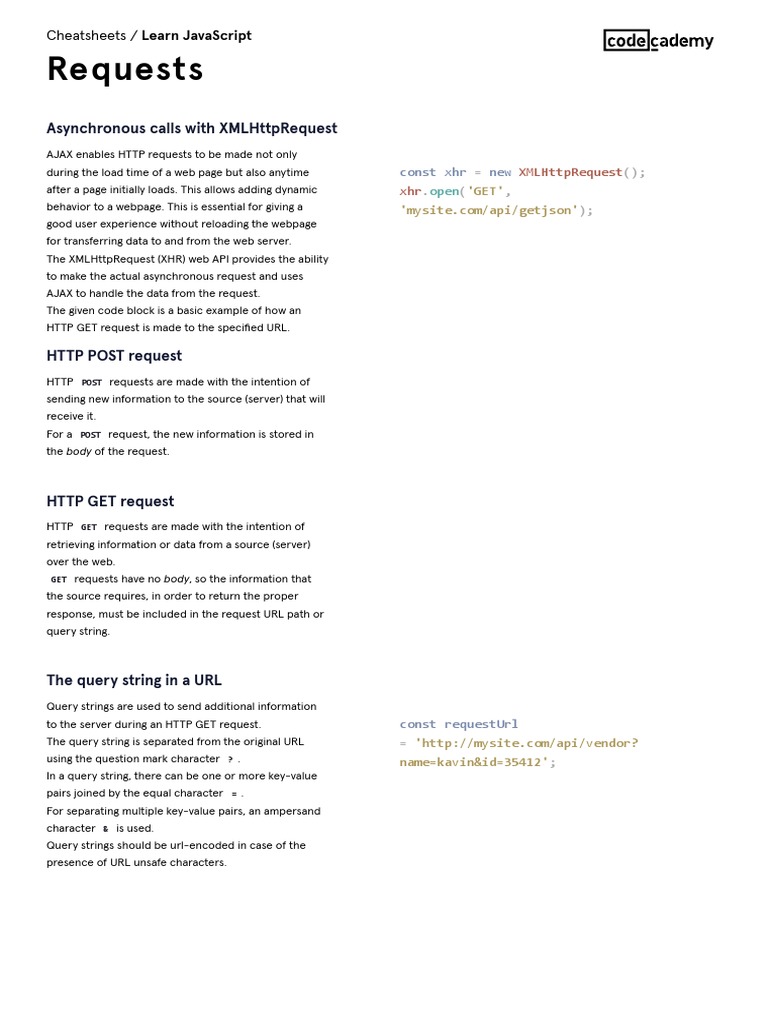 Learn JavaScript - Requests Cheatsheet - Codecademy | PDF | Ajax (Programming) | Json
