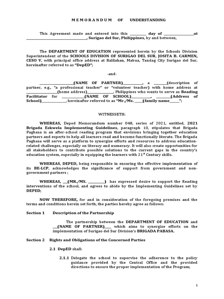 Brigada Pabasa MOU Template | PDF | Justice | Crime & Violence