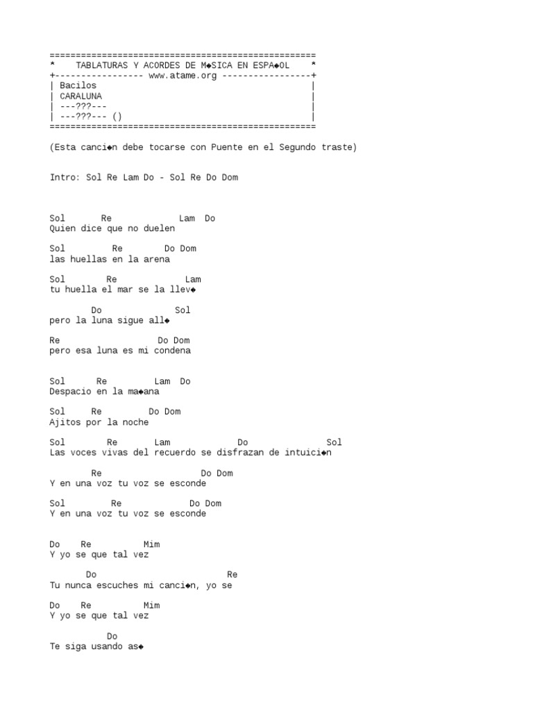 Tablaturas y acordes de la canción 'Caraluna' de Bacilos | PDF