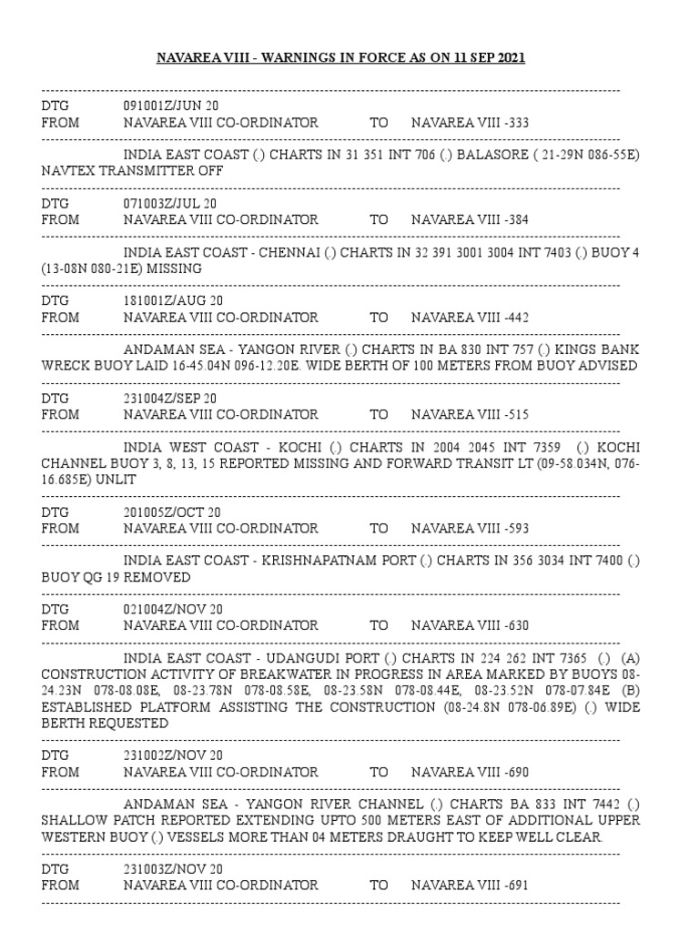 Navarea Viii - Warnings in Force As On 11 Sep 2021 | PDF | Navigation ...