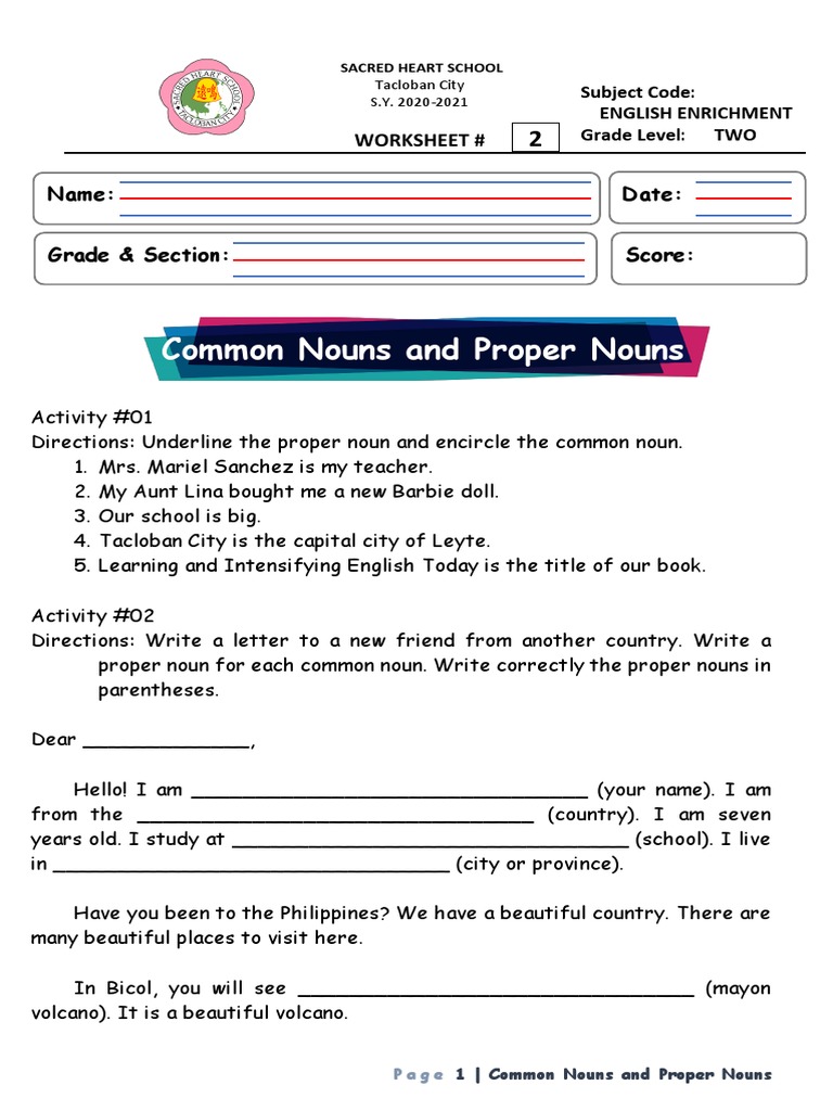 Common and Proper Nouns Worksheet | PDF | Semantic Units | Linguistic ...