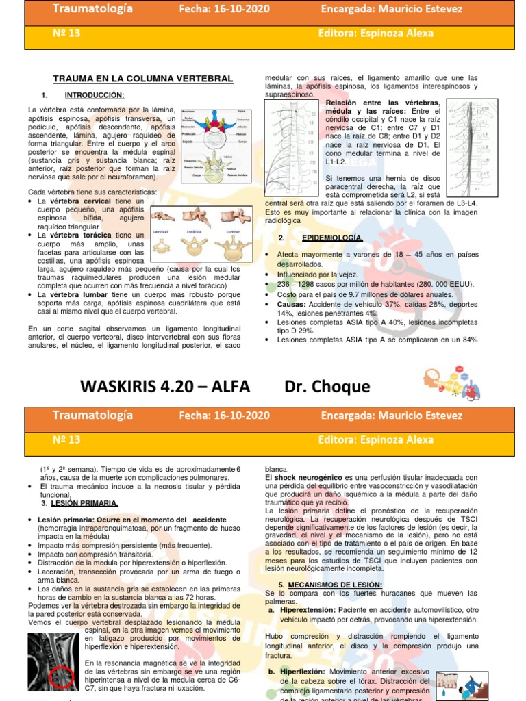 10R T13-Traumatologia-Trauma de Raquis DR - Choque | PDF | Médula espinal | Vértebra