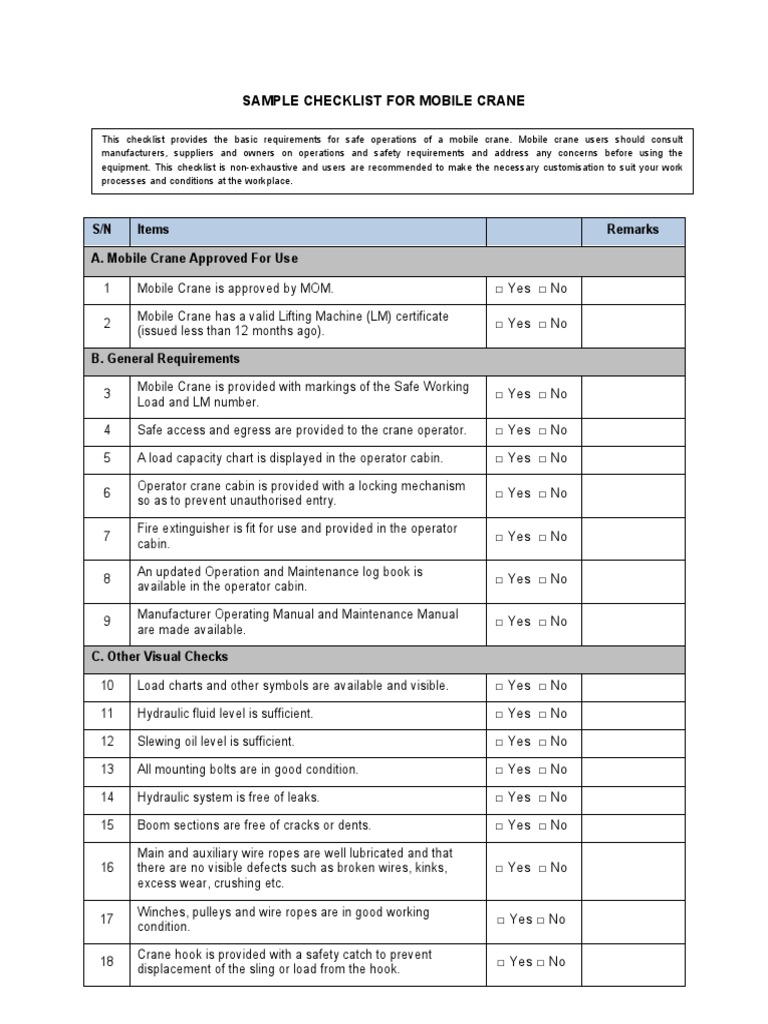 Sample Checklist For Mobile Crane | PDF | Crane (Machine ...