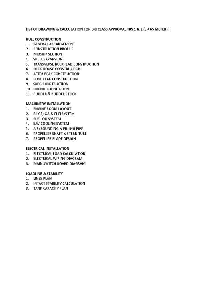 List of Drawing & Calculation For Bki Class Approval Tks 1 & 2 (L 65 ...