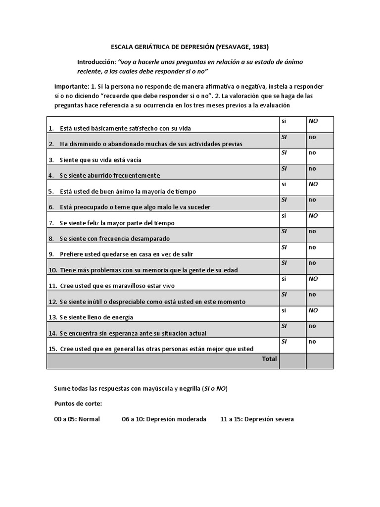 Escala Geriátrica de Depresión de Yesavage | PDF | Depresión (estado de ...