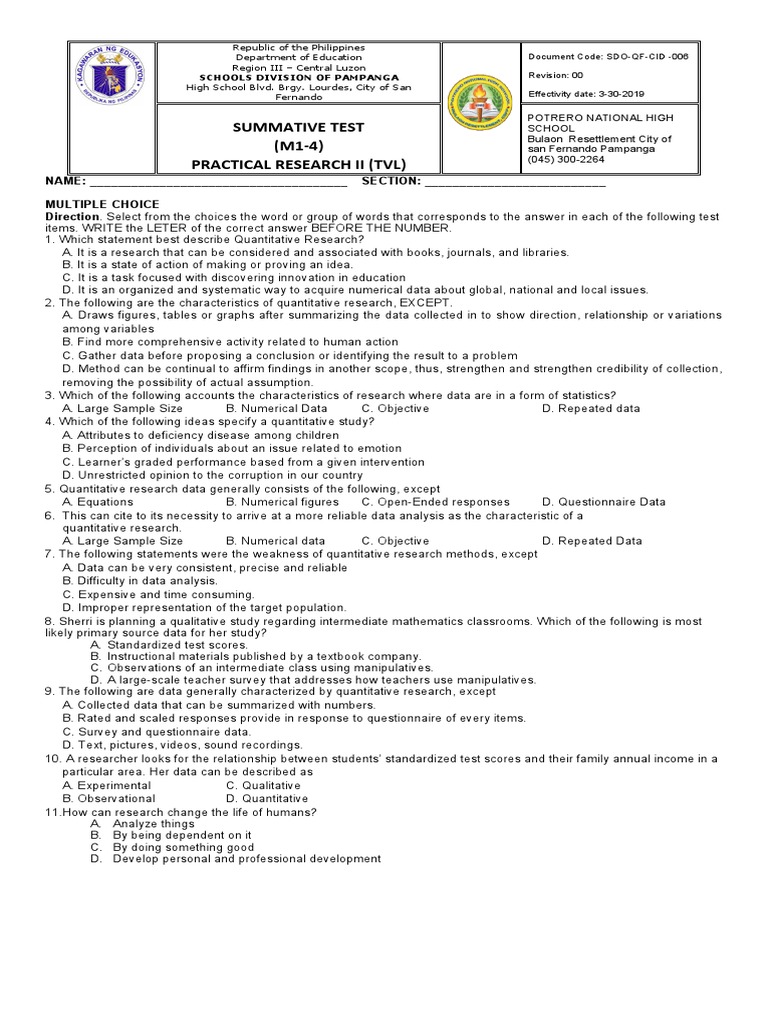 Summative PR2 M1 4 | PDF | Quantitative Research | Data