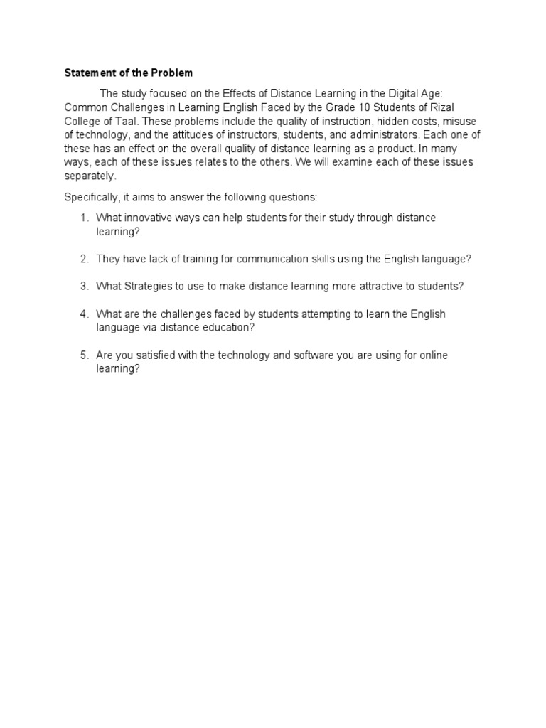 Statement of The Problem | PDF | Distance Education | Communication