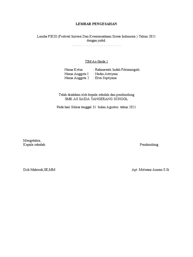 Lembar Pengesahan Lomba | PDF