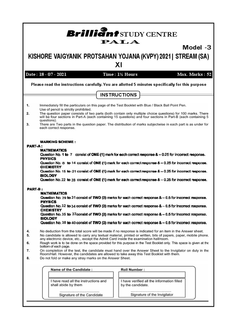 KVPY - Question Paper | PDF | Speed | Physics
