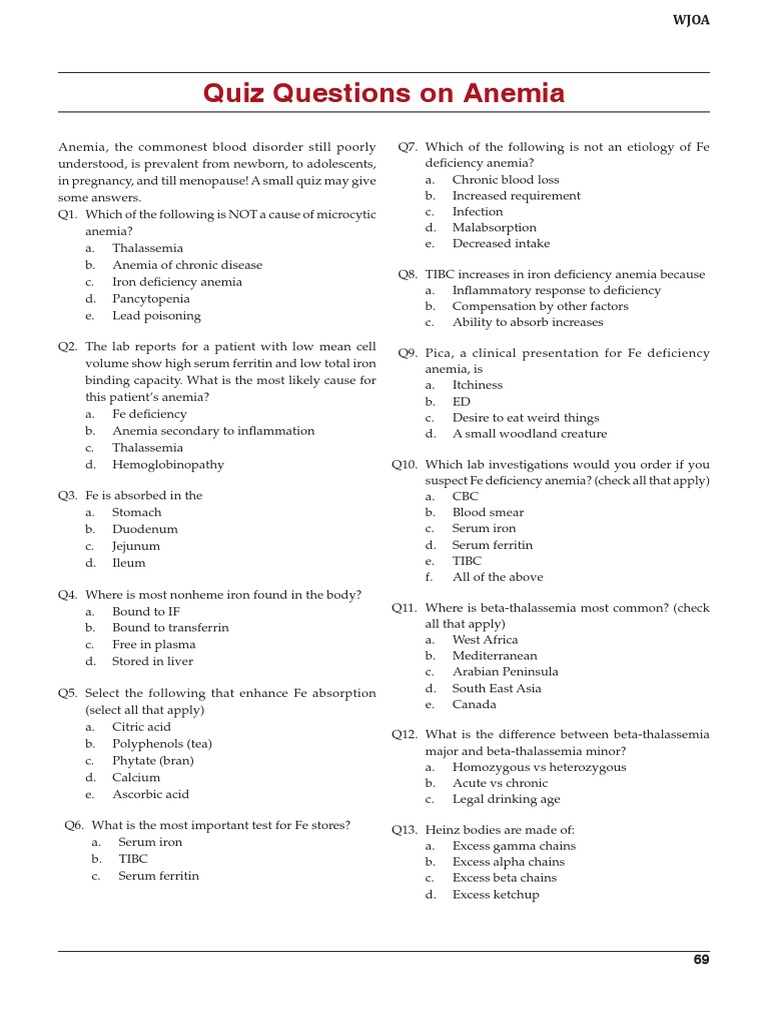 Quiz Questions On Anemia | PDF | Anemia | Medical Specialties