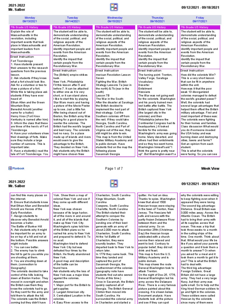7th Grade US History Lesson Plans Week 8 | Download Free PDF | George ...