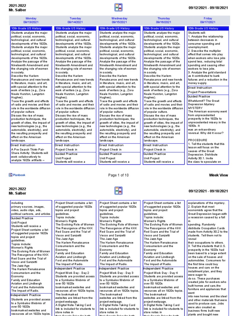 10th Grade US History Lesson Plans Week 8 | PDF | Banks | Money