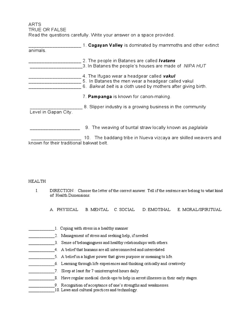 Grade 7 Quiz 1 Health and Arts | PDF