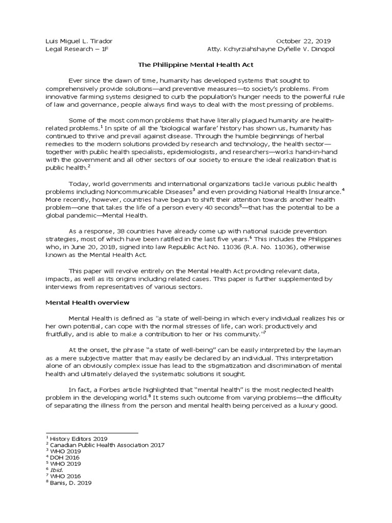Mental Health Law RA 11036 - TIRADOR | PDF | Mental Disorder | Social ...