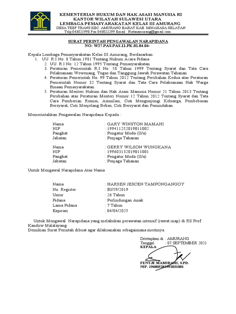 Surat Perintah Pengawalan Narapidana Rawat Inap RS | PDF