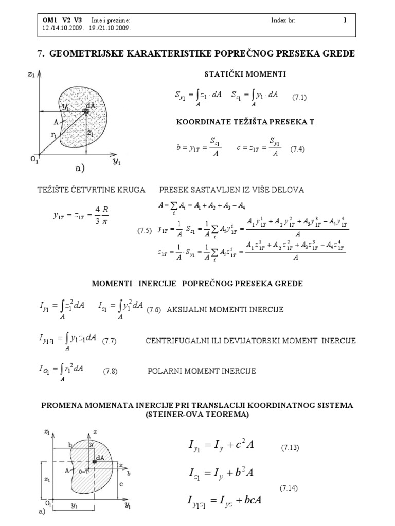 7. Geometrijske Karakteristike Poprečnog Preseka Grede: Statički Momenti
