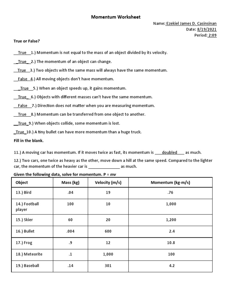 Momentum Worksheet: True or False? | Download Free PDF | Momentum | Mass
