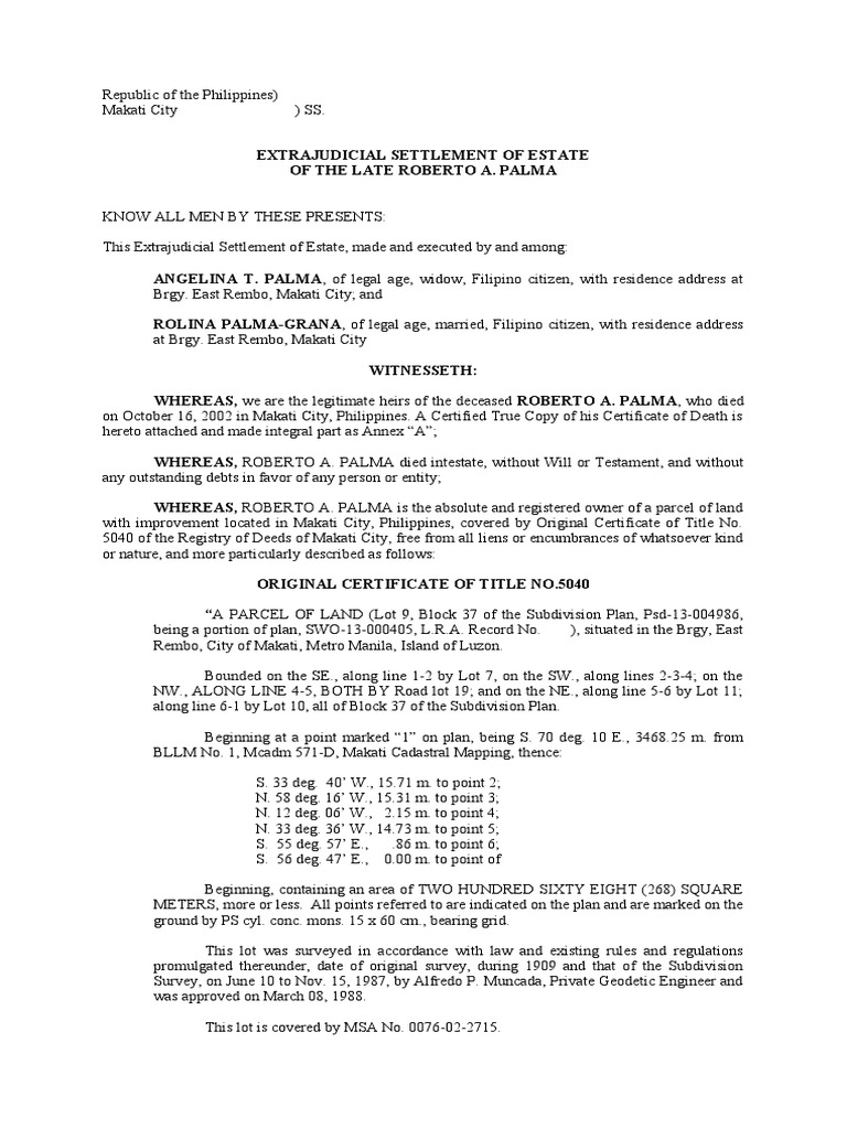 Extrajudicial Settlement Sample | PDF | Common Law | Civil Law (Legal ...