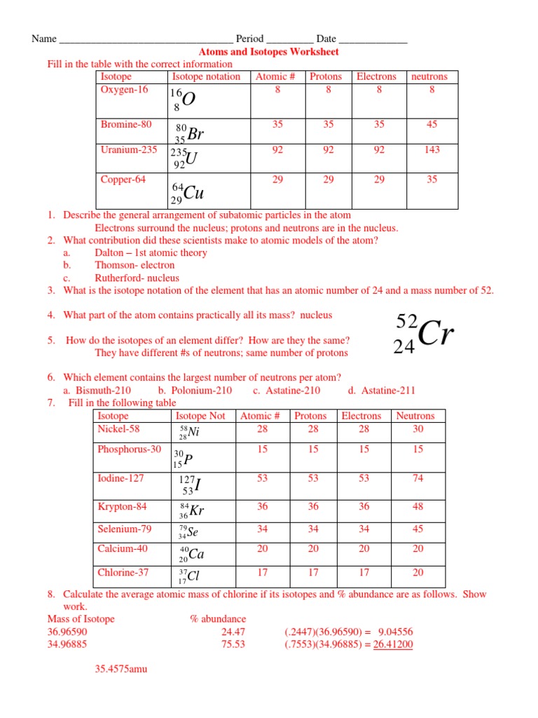 Isotopes WS ANSWERS 1lmscf1 | PDF | Isotope | Atoms