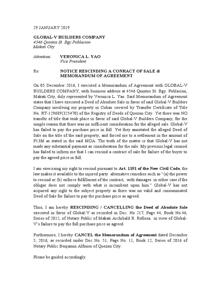 Notice of Rescission | PDF | Law Of Obligations | Civil Law (Common Law)