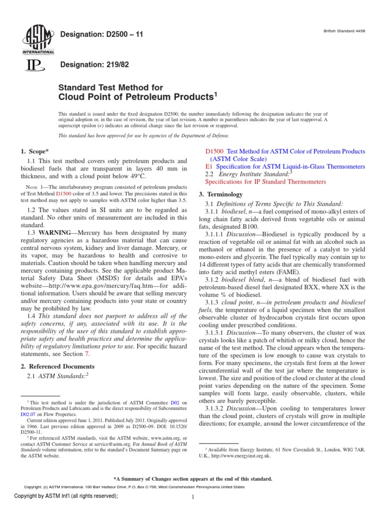 ASTM D 2500-11 - Cloud Point of Petroleum Products | PDF | Biodiesel ...