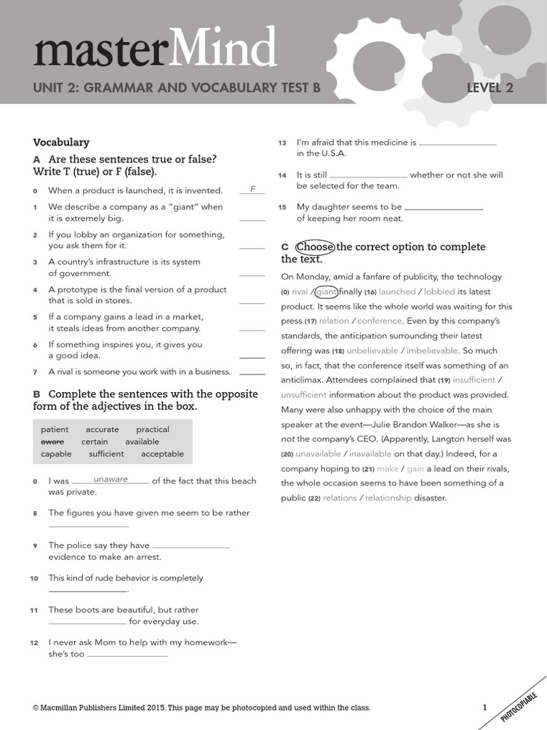 Mastermind 2 Unit 2 Grammar and Vocabulary Test B | PDF ...
